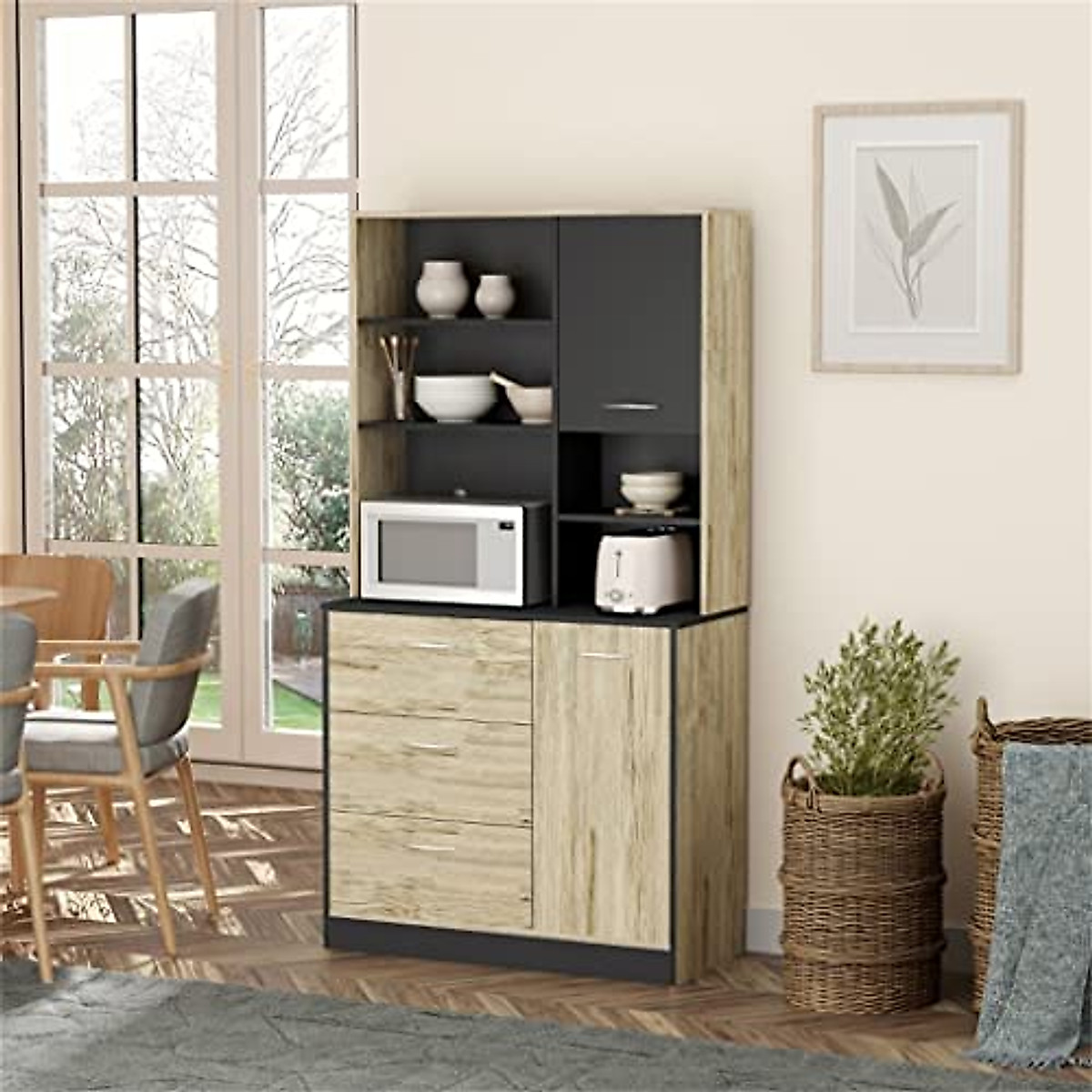 ZHUHW 67" Freestanding Buffet, Kitchen Storage Cabinet with 3 Drawers, Cable Management, 4 Cubbies and 2 Cabinets.