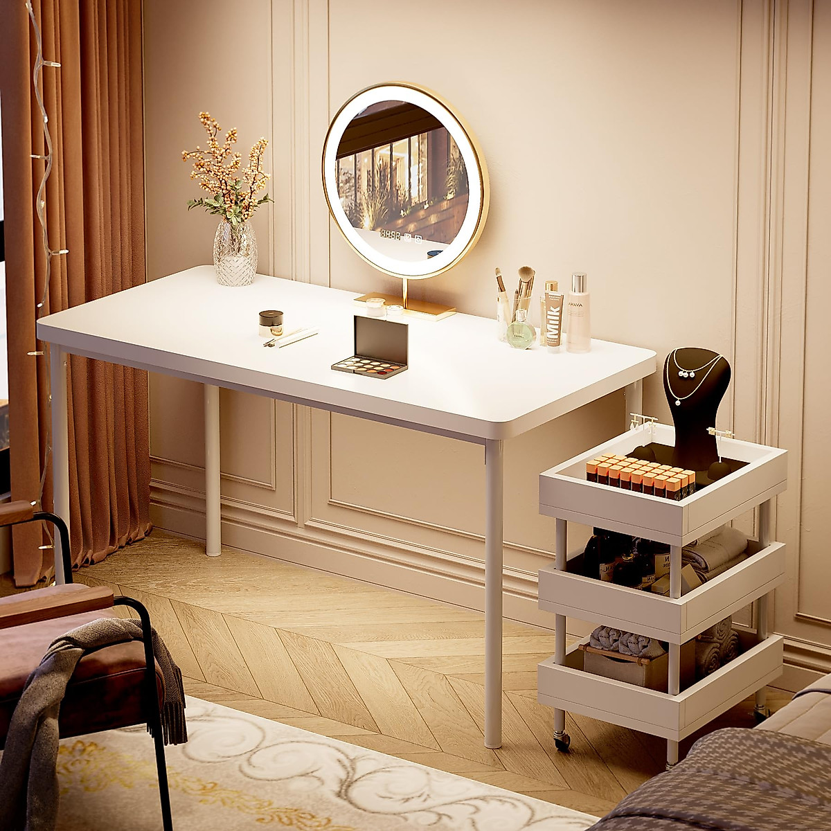 Tribesigns 47-Inch Computer Writing Desk, Simple White Home Office Desks with 3-Tier Wood Storage Cart, Modern Study Table Work Desk Workstation for Bedroom, Small Spaces