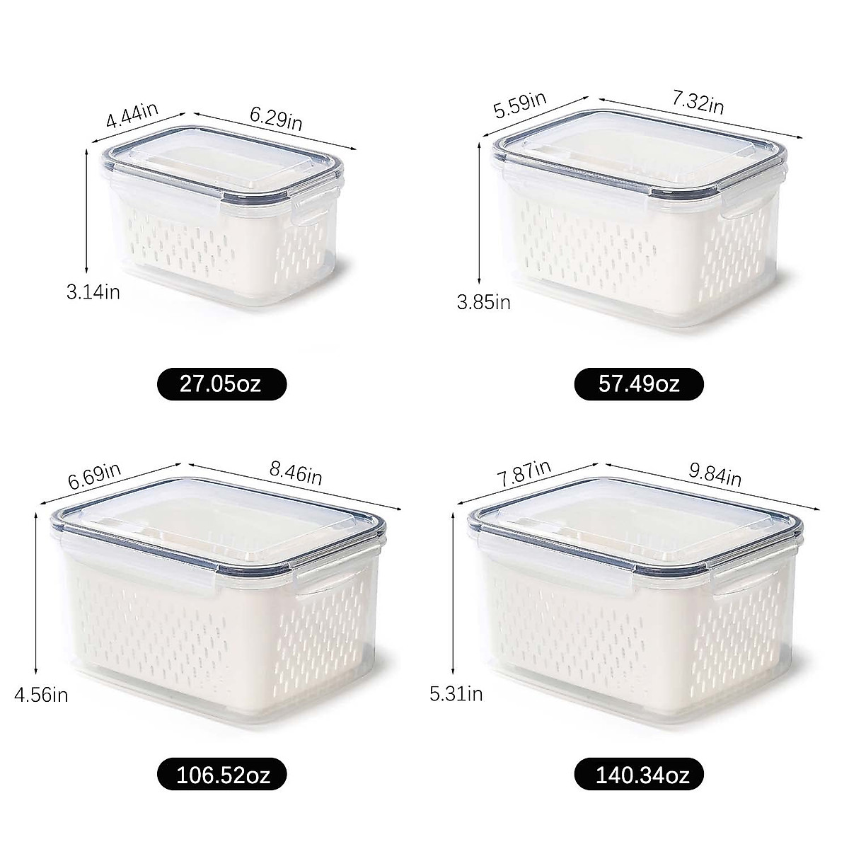 Fruit Storage Containers For Fridge Organizer Vegetable Fresh Food Keeper Produce Saver Refrigerator Reusable 4 Pack Box Multi-Size Large Capacity with Lid & Colander for Home Kicthen Travel Set