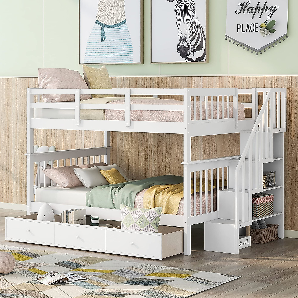 Harper & Bright Designs Full Over Full Bunk Beds with Storage Drawers and Stairs Wood Bunk Bed Frame for Kids Boys Girls Teens, White