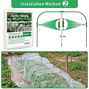 GonLei 10x25FT Garden Mesh Netting Kit Raised Beds (6 Pcs Garden Hoops & 18 Clips) Garden Hoops Plant Row Covers Netting Protection Berry Bush Trees Grass Seed Barrier Net