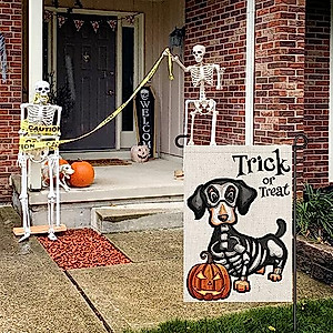 Halloween Trick or Treat Garden Flag Ghost Dog 12x18 Inch Small Double Sided Burlap Welcome Yard Dachshund Skeleton Outside Decorations DF342