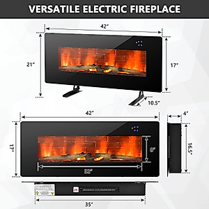 COSTWAY 42 Inches Electric Fireplace, Wall Mounted and Freestanding Fireplace Heater with Remote, Adjustable Temperature 32℉ to 50 ℉, 8H Timer, 7 Flame Color, Electric Fireplace for Indoor Use, 1400W