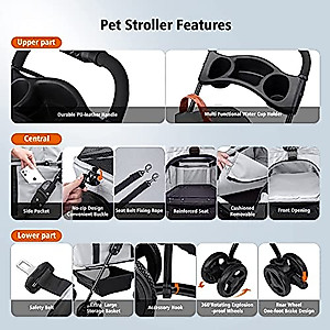 SKISOPGO Dog Cat Pet Gear 3-in-1 Foldable Pet Stroller Detachable Carrier, Car Seat and Stroller with Push Button Entry for Small Pets (Gray)