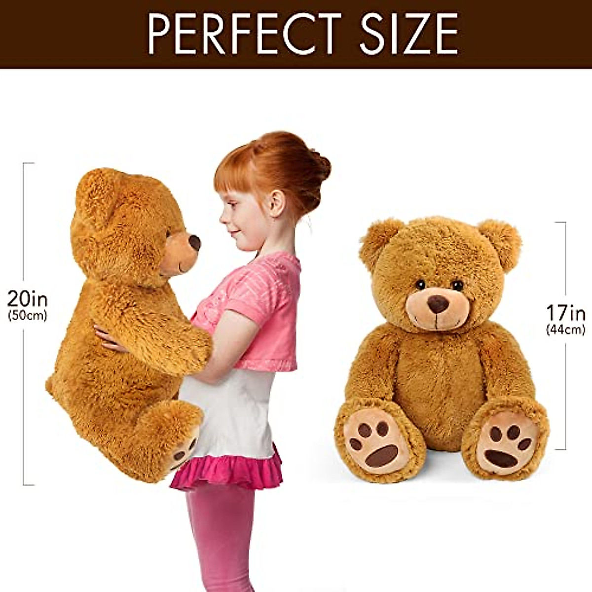 LotFancy Teddy Bear Stuffed Animals, 20 inch Soft Cuddly Stuffed Plush Bear, Cute Stuffed Animals Toy with Footprints, Gifts for Kids Baby Toddlers on Baby Shower, Valentine's Day, Brown
