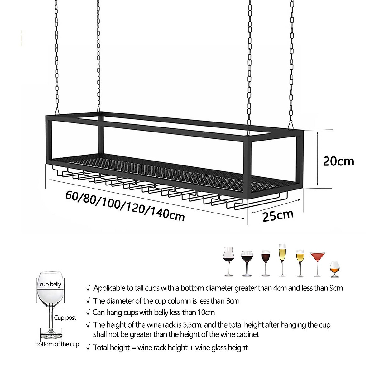 Ceiling Metal Iron Chain Wine Glass Rack, Hanging Wine Glass Holder, Adjustable Wine Rack with Glass Holder, Matte Black Stemware Rack