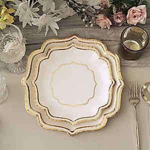 Tableclothsfactory 25 Pack | White/Gold 10" Scallop Rim Dinner Party Paper Plates, Disposable Plates - 300 GSM