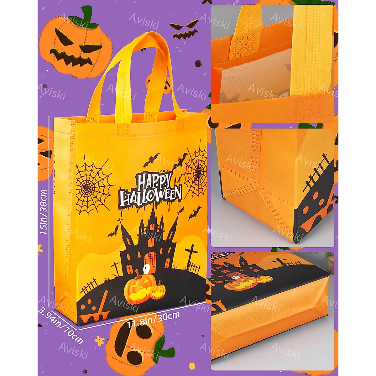 Aviski 8PCS Halloween Trick or Treat Bags, Halloween Tote Bags with Handles, Large Gift Bags, Multifunctional Non-Woven Halloween Bags for Gifts Wrapping, Halloween Party Supplies, 15×11.8×3.9“