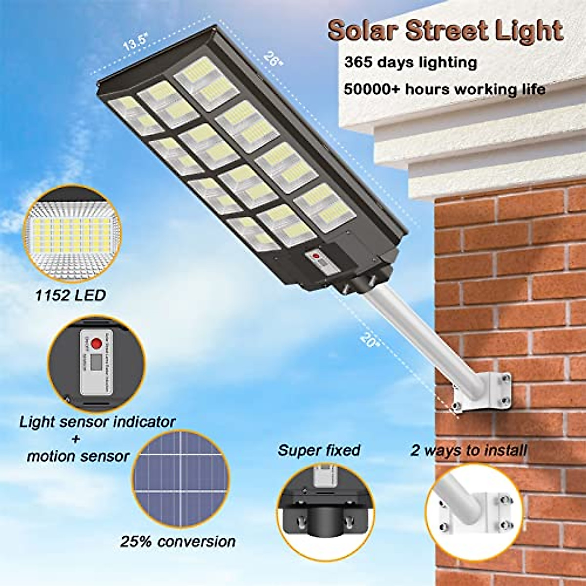 INSDEA 1000W Led Solar Street Light Outdoor, 80000LM IP65 Waterproof Solar Security Flood Lights Motion Sensor with Remote Control, Dusk to Dawn Solar LED Light Lamp for Garden Yard Parking Lot