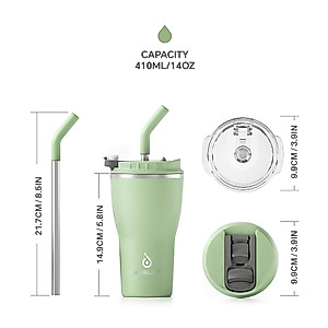 Ideus 14oz Stainless Steel Leak Proof Tumbler, Insulated Coffee Mug with Lid and Straw, Spill Proof Travel Coffee Cup, Double Wall Vacuum Flask for Adult Men and Women, Avocado Green