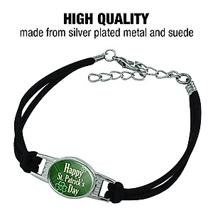 Happy St. Patrick Day Novelty Suede Leather Metal Bracelet - Black