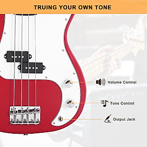 Glarry Electric Bass Guitar Full Size 4 String Rosewood Basswood Fire Style Exquisite Burning Bass (Red)