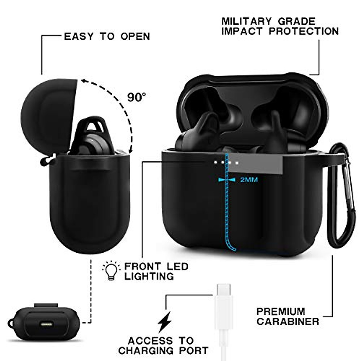 Premium Silicone Case Cover for Skullcandy Indy Evo, YIPINJIA Protective Shockproof Anti-Lost, 【Visible Front LED】 Cover for Skullcandy Indy EVO True Wireless Earbuds with Keychain(Black)
