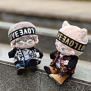 niannyyhouse 20cm Plush Doll Clothes Cool Leopard Print Suit Loose Coat T-Shirt Pants Headwear Collar Shoes Soft Stuffed Plush Toy Dress Up (White+Black, 20cm)