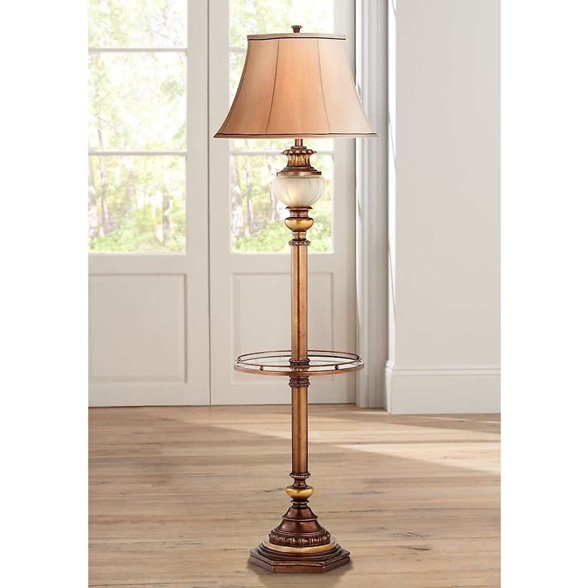 kathy ireland Hyde Park Rustic Vintage Floor Lamp with Nightlight Glass Tray 65" Tall Bronze Gold Metal Pearl White Frosted Glass Fabric Bell Shade for Living Room Reading House Bedroom Home
