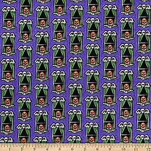 Henry Glass Metallic Spooky Town Small Windows Purple, Quilting Fabric by the Yard