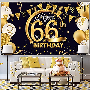 66th Birthday Party Decoration, Extra Large Fabric Black Gold Sign Poster for 66th Anniversary Photo Booth Backdrop Background Banner, 66th Birthday Party Supplies, 72.8 x 43.3 Inch