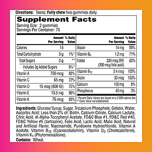 One A Day Teen for Her Multivitamin Gummies, Gummy Multivitamins with Vitamin A, C, D, E and Zinc for Immune Health Support, Physical Energy & more, 150 Count