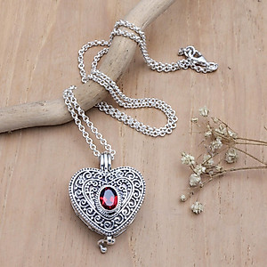 NOVICA Artisan Handmade Garnet Locket Necklace .925 Sterling Silver Heart Shaped Red Pendant Indonesia Romantic Birthstone Balinese 'Always in my Heart'