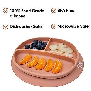 Mini Yummi 4 Piece 100% Silicone Suction Non-Slip Baby Feeding Set Includes Divided Plate + Bowl + Silicone Cup & Spoon for Infants & Toddler Dishwasher-Safe, Microwave-Safe, Freezer-Safe, BPA Free