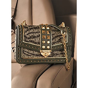 Michael Kors SOHO STUDDED LARGE ANIMAL PRINT LOGO SHOULDER BAG (Olive)