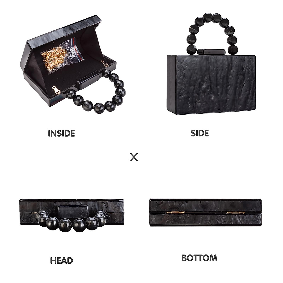 Acrylic Purses Evening Clutch Bag Marbling Handbags for Women Cross Body Bag with Pearl Chain Formal Wedding Prom Party(Black)