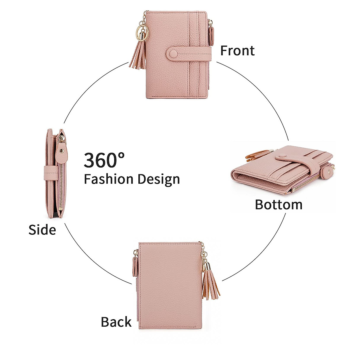 HKCLUF Small Wallets for Women,RFID Blocking Wallet Women,Bifold Slim Card Holder Zipper Coin Pocket With Tassel Keychain(Pink)