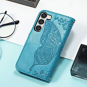 KRHGEIK for Samsung Galaxy S23 5G Case Wallet,Women Flip Folio Cover with Butterfly Embossed PU Leather Kickstand Credit Card Holders Slots Wrist Strap Phone Case 6.1" (Blue)