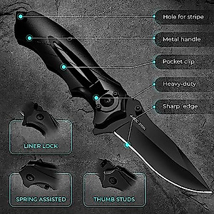 Tactical Knife for Men - Black Pocket Knife - Best Spring Assisted Knife with Glass Breaker and Pocket Clip - Cool Folding Knives for Military Work Self Defense Camping - Birthday Gifts for Dad 6495 B