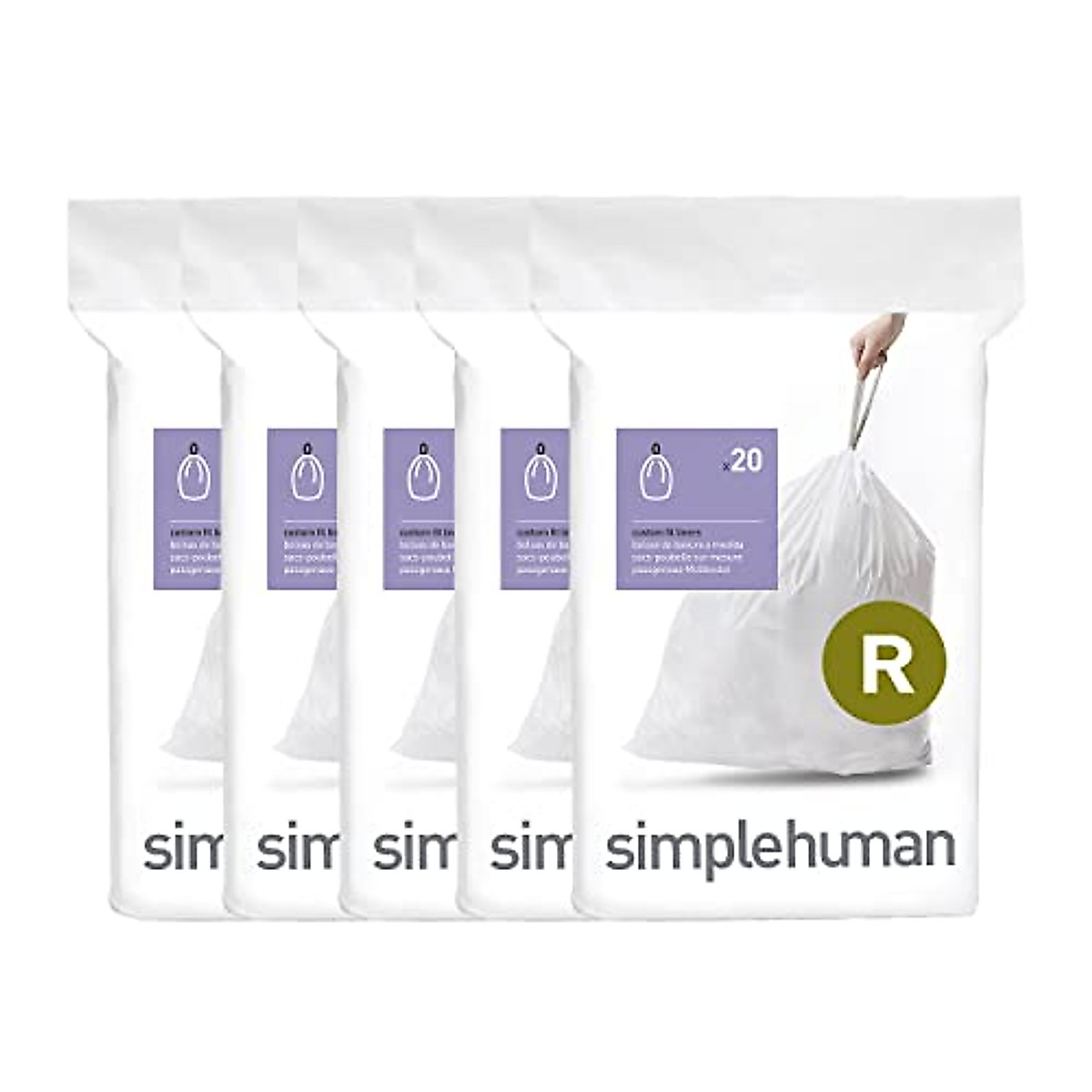 simplehuman Code R Custom Fit Drawstring Trash Bags in Dispenser Packs, 10 Liter / 2.6 Gallon, White, 100 Count (Pack of 5)