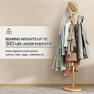 KungFuWood Coat Rack, Solid Wood Cactus Coat Rack Stand, Freestanding Coat Rack with 6 L-shaped Hooks and 3 Adjustable Sizes, Sturdy and Easy to Assemble Coat Tree for Entryway, Bedroom (Natural)