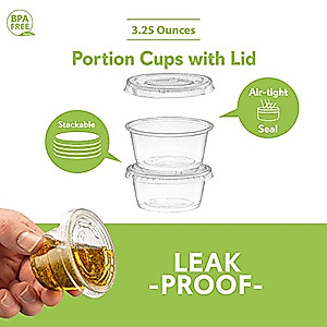 (3.25 oz - 100 Sets) Clear Diposable Plastic Portion Cups With Lids, Small Mini Containers For Portion Controll, Jello Shots, Meal Prep, Sauce Cups, Slime, Condiments, Medicine, Dressings,