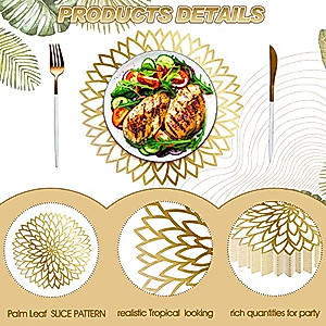 100 Pack Disposable Gold Metallic Round Paper Place Mats 13 Inch Laminated Paper Leaf Dining Table Decoration Pressed Paper Round Table Mates for Dining Table Wedding Home Decoration (Gold Bloom)
