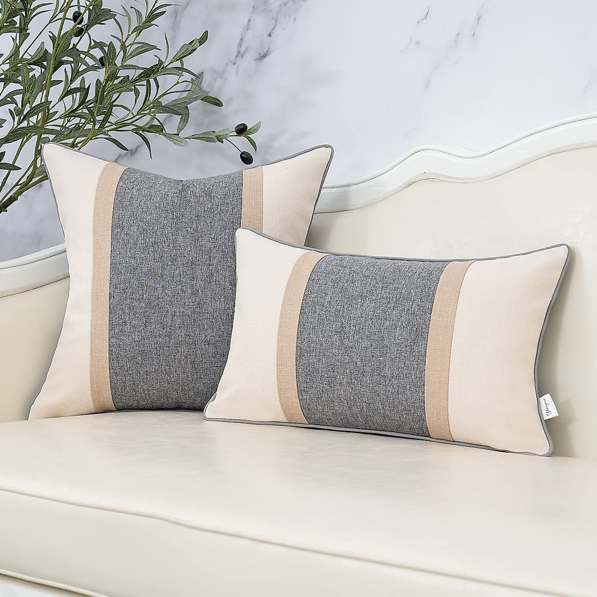 Yangest Patchwork Pillow Cover 12x20 Inch Luxury Cotton and Linen Cushion Cover Rectangle Pillowcover for Couch Bedroom Living Room,Gray