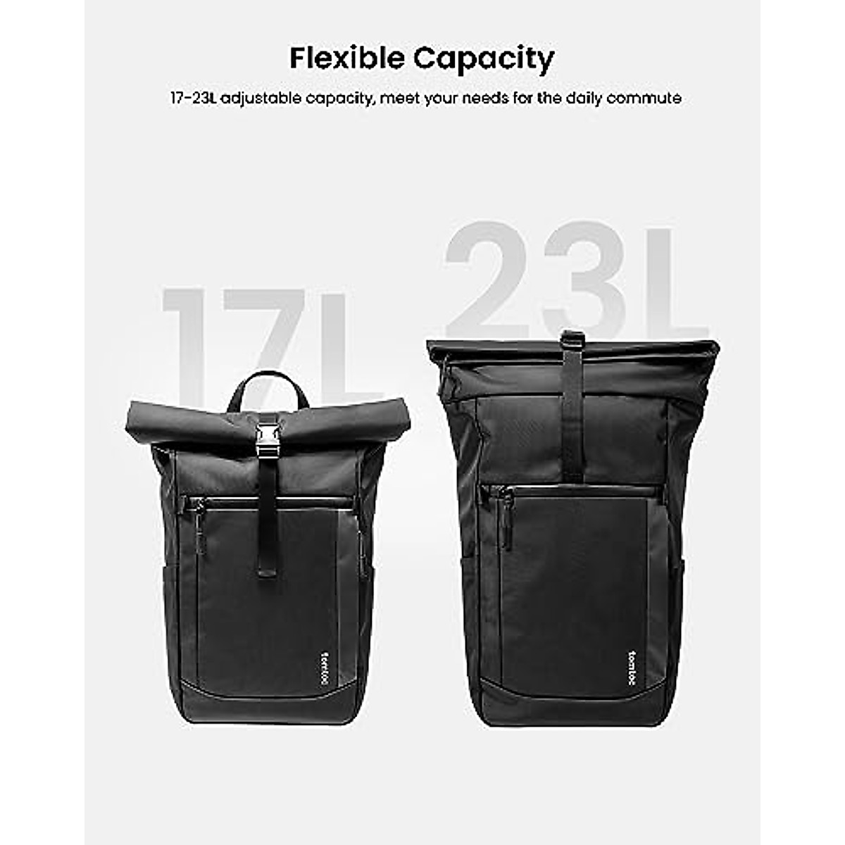 tomtoc Roll Top Laptop Backpack, Lightweight, Water-Resistant Commute Expandable Casual Daypack for 13-16 inch MacBook, Rucksack for Work College Trip, Large Capacity Adjustable 17-23L, Black