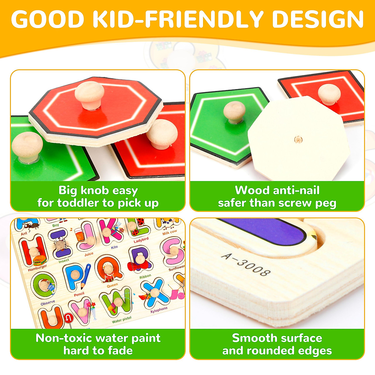 6 Pack Wooden Peg Puzzles Set for Toddlers 3 4, Preschool Educational Pegged Knob Puzzle Toy Wooden Learning Toys for Baby Boys and Girls Age 3-4