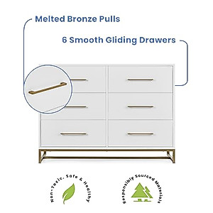 Delta Children Jade 6 Drawer Dresser with Interlock Drawer System, Bianca White/Melted Bronze