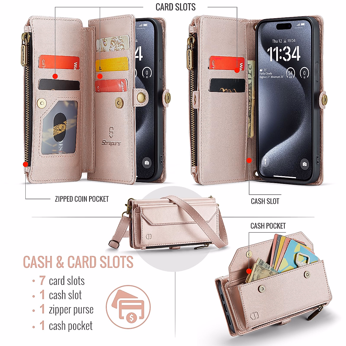 Strapurs Crossbody for iPhone 15 Pro Case Wallet【RFID Blocking】with 7-Card Holder Zipper Bills Slot, Soft PU Leather Magnetic Flip Wrist Shoulder Strap for iPhone 15 Pro Wallet Case for Women,RoseGold
