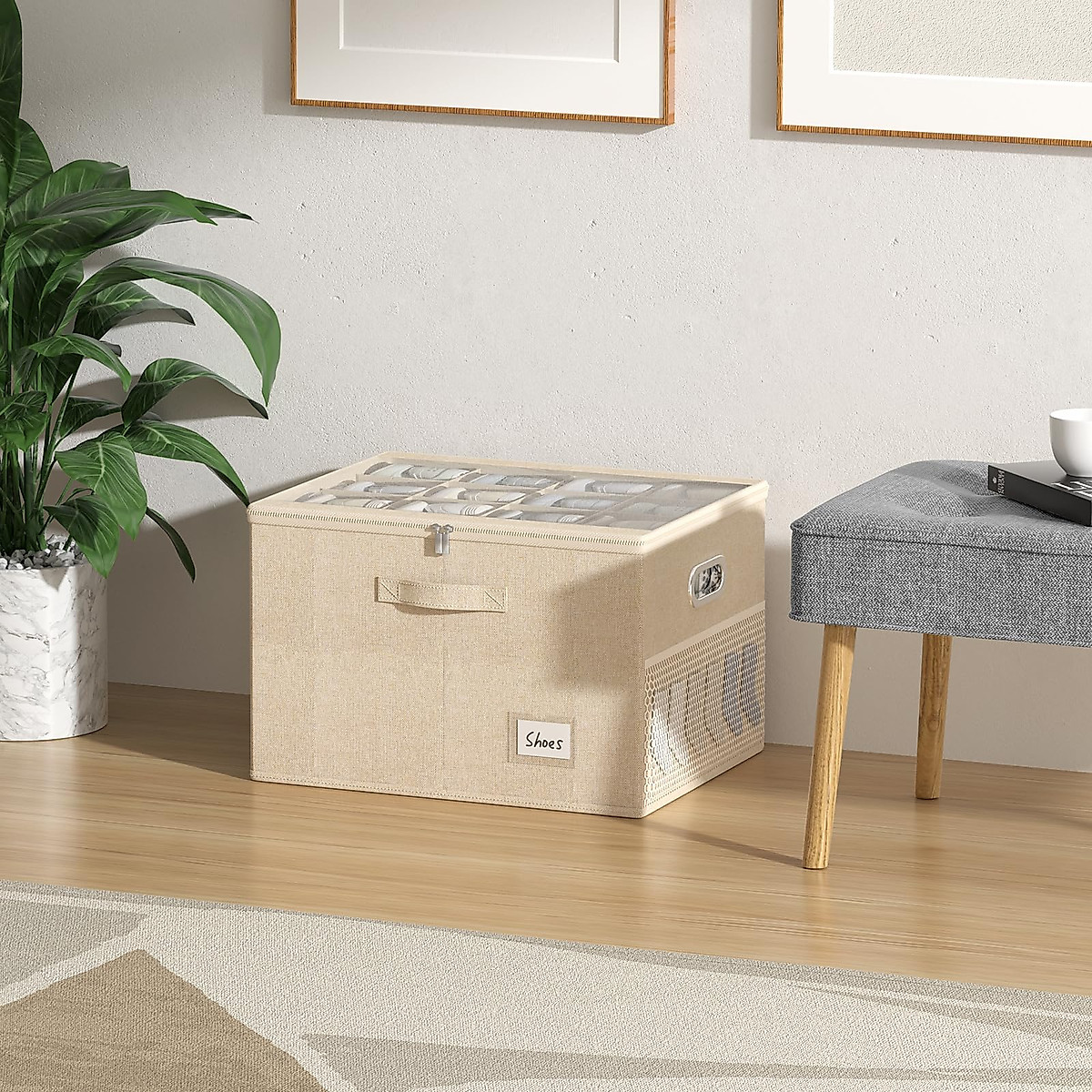 Shoe Organizer for Closet,Large Shoe Box Storage Containers with Clear Window,Space Saving Shoe Bin with Foldable Bottom Support and Adjustable Dividers - Fits 16 Pairs