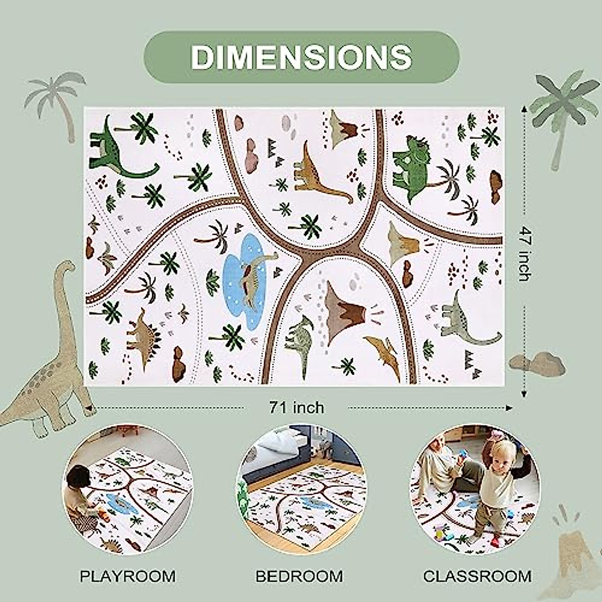 Lukinbox Kids Carpet Playmat Rug for Playroom, 4' x 6' Dinosaur Road Traffic Play Mat for Bedroom, Large Non-Slip Washable Children Nursery Area Rugs Baby Crawling Mat for Kids Room Safe Area