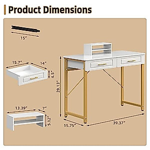 WESTREE Modern Makeup Vanity Desk with Glossy Desktop,Bedroom Home Office Writing Desk with Drawers, Storage Shelf, Gold Metal Frame for Dressing Table Without Mirror