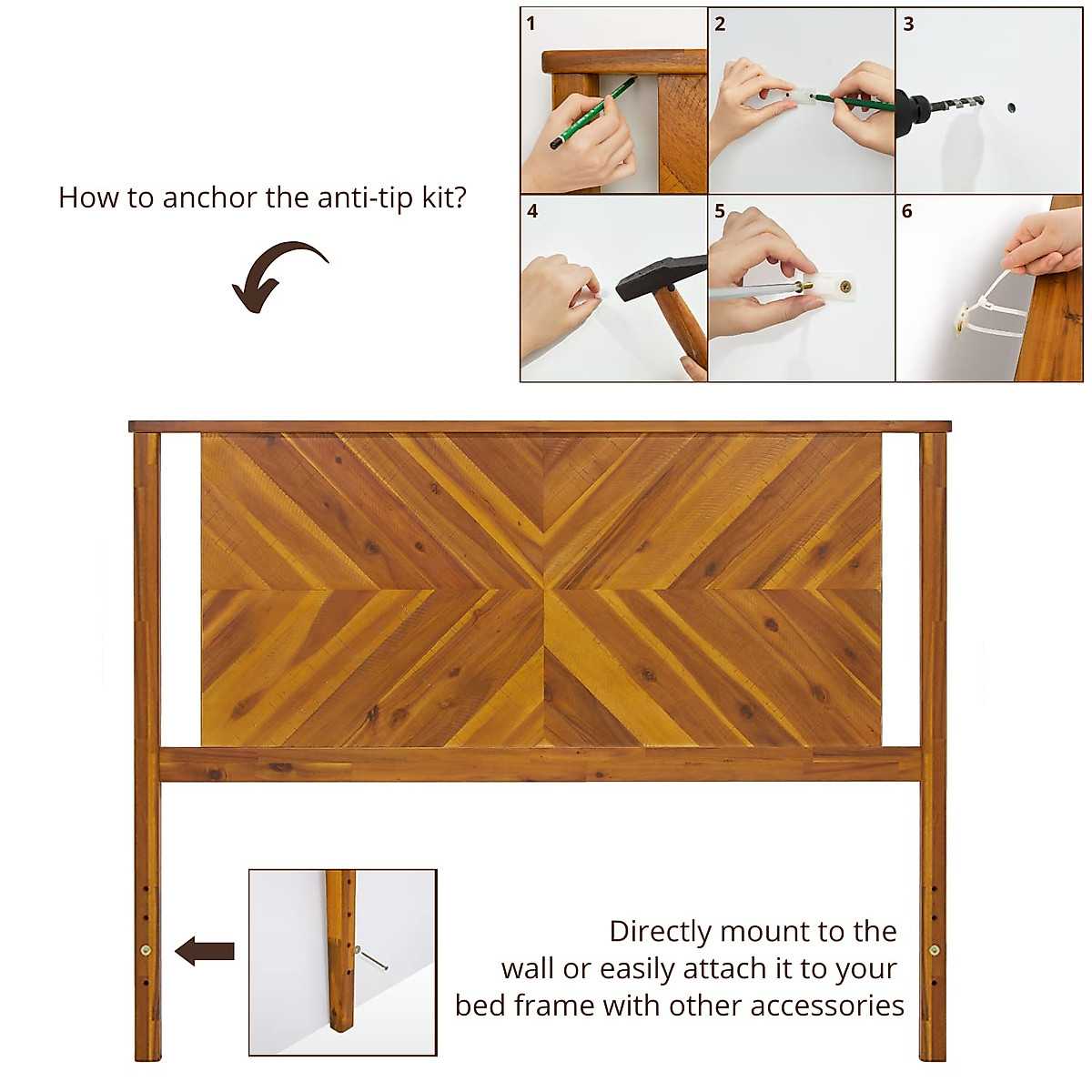 Bme Vivian Headboard ONLY, Rustic & Scandinavian Style with Solid Acacia Wood, Easy Assembly, Queen, Rustic Golden Brown