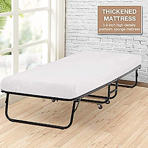 Folding Guest Bed Portable Camping Cot with Wheels,Portable Beds Frame Heavy Duty Extra Roll Away Foldaway 3.9 Inch Thick Memory Foam Mattress for Spare Bedroom & Office,L75 x W30 x H12 IN，White