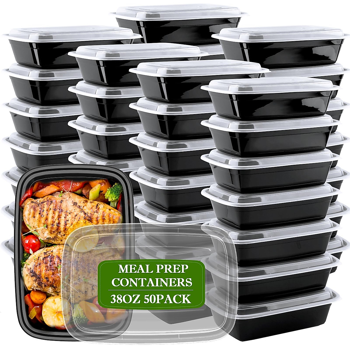 Meal Prep Containers Reusable 38oz - Plastic Food Containers with Lids 50 Pack, Disposable To Go Food Containers, Leakproof Food Prep Containers, Stackable, Takeout, BPA-Free, Microwave/Freezer Safe