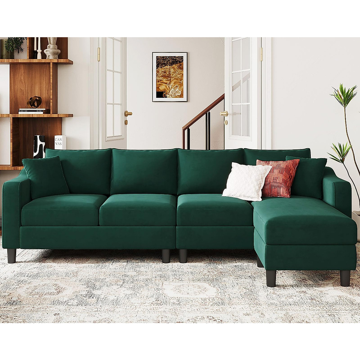 Belffin Velvet Convertible Sectional Sofa L Shaped Couch Reversible Sectional Sofa with Chaise Velvet 4 Seat Sectional Sofa (Green)…
