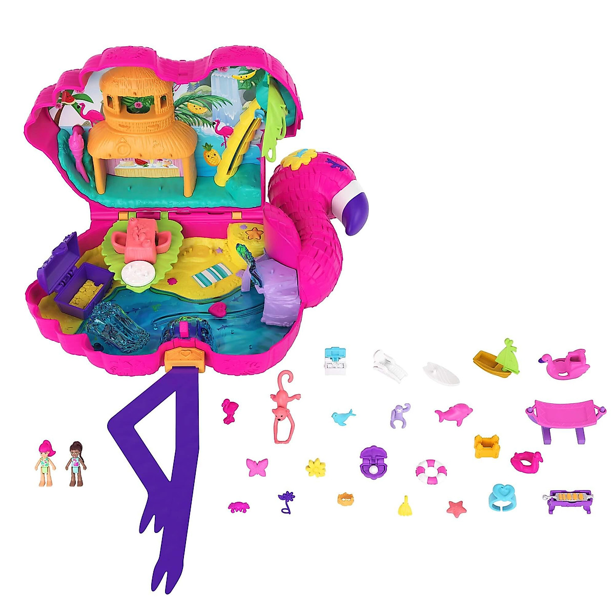 Polly Pocket Flamingo Party Large Compact Playset with 26 Surprises (Including Micro Margo & Friend Dolls), Pop & Swap Feature, Tropical Party Play Areas: Palm Tree Slide & Swing; Banquet; Water Area