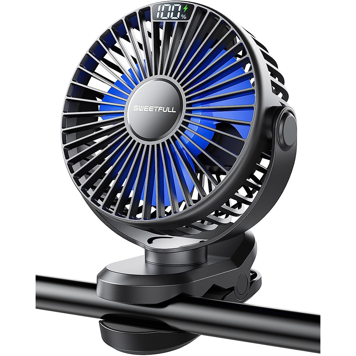 SWEETFULL Portable Clip on Fan - Battery Operated Stroller Fan, 4000mAh Small Rechargeable Fan with LED Display, 4 Speeds, Mini Personal Cooling Desk Fan for Golf Cart Travel Camping Gym (Black)