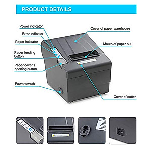 WeeiUs POS Thermal Receipt Printer, USB Ethernet LAN Serial Connection, with auto-Cutter, Restaurant Printer, 3 1/8 80mm, Support Windows ESC/POS, RJ11RJ12 Cash Drawer