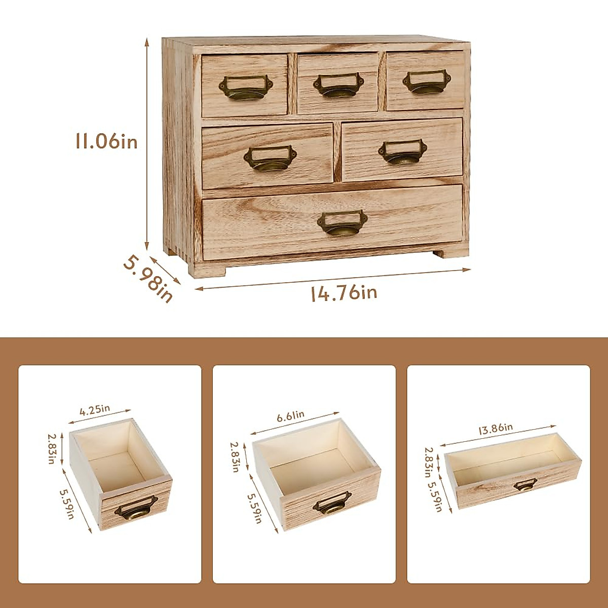 Pickei Wood Desk Drawer Organizer: Home Storage Cabinet 6 Drawers Mini Chest with Lable Holder Handles