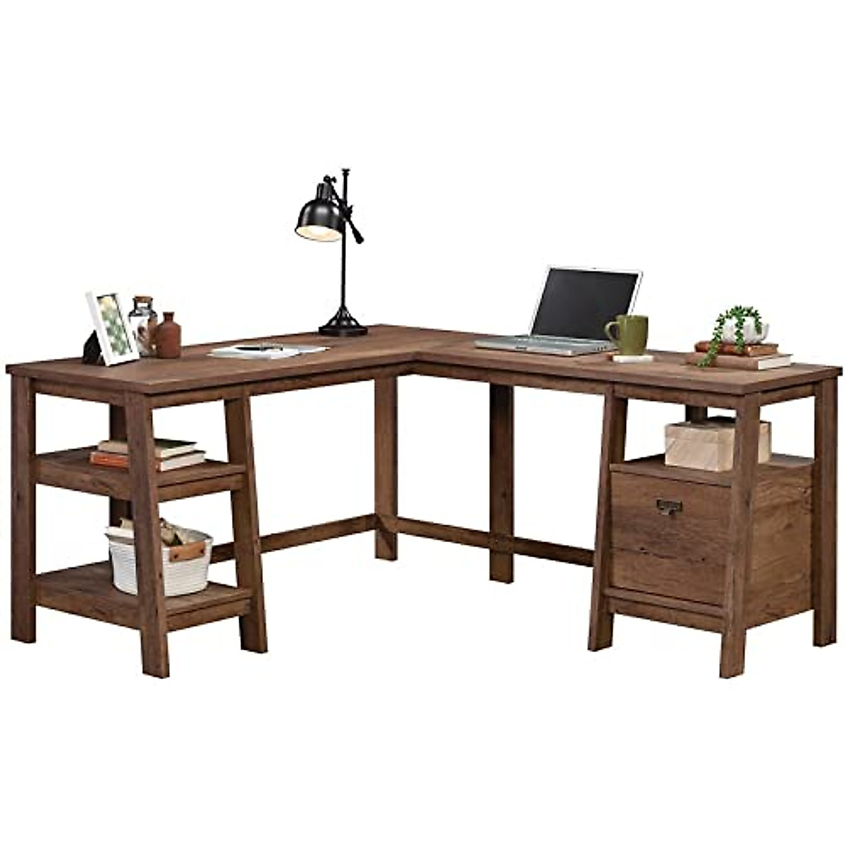 Sauder Trestle L-Shaped Trestle Desk in Vintage Oak, Vintage Oak Finish